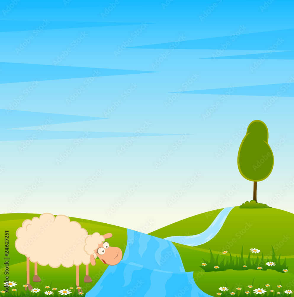 Vector Landscape background with cartoon smiling sheep Stock Vector ...