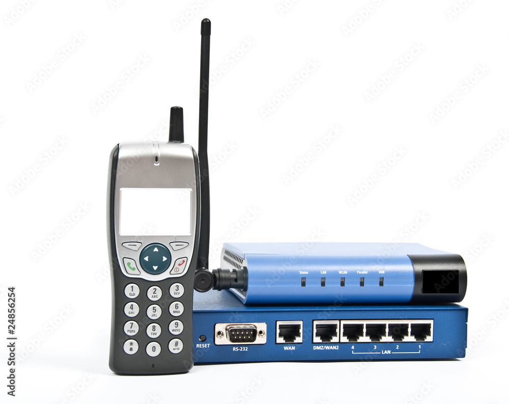 voip phone with wireless switch and firewall on white Stock Photo ...