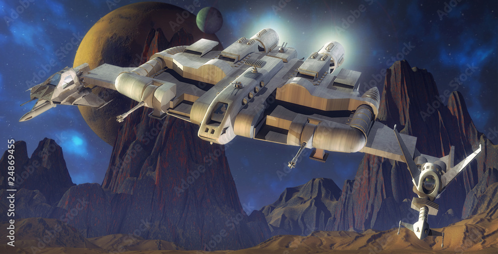 spaceship and alien planet Stock Illustration | Adobe Stock