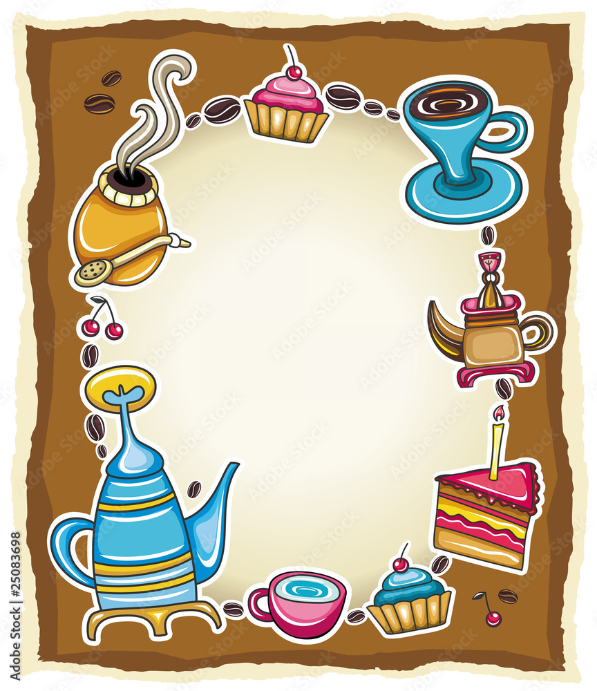 Cute grunge frame with coffee, tea, cake, yerba mate symbols Stock ...