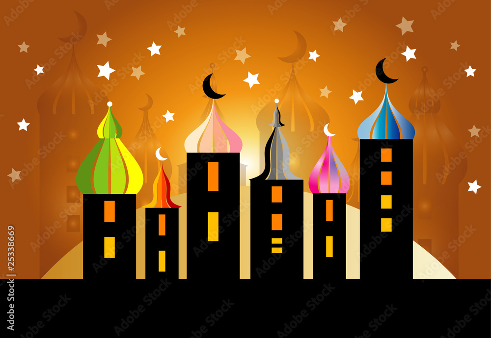 Beautiful arabic build landscape with mosque silhouette on sunset sky ...