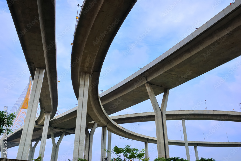 Curve of the suspension bridge with brighten sky view Stock Photo ...