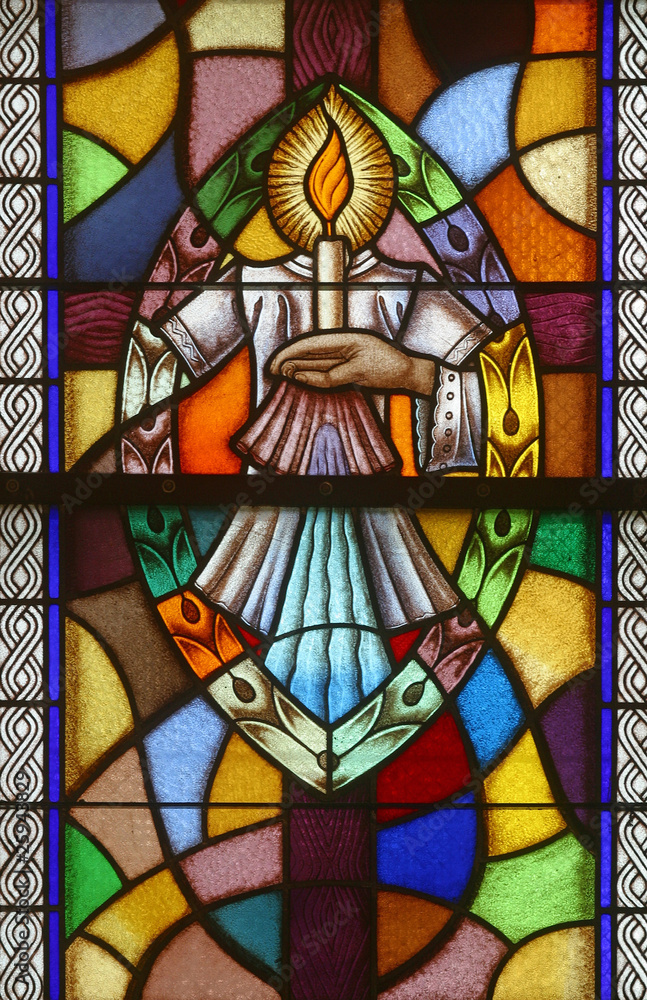 Baptism, Seven Sacraments, Stained glass church window Stock Photo ...