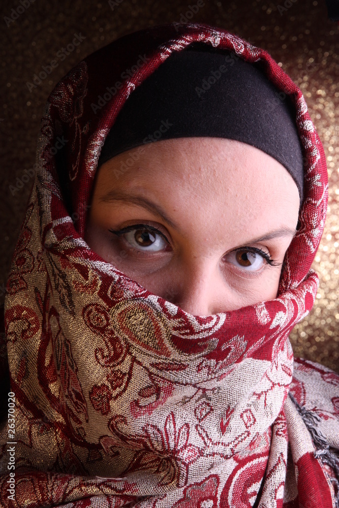 Veiled Woman From The Middle East (golden background) Stock Photo ...