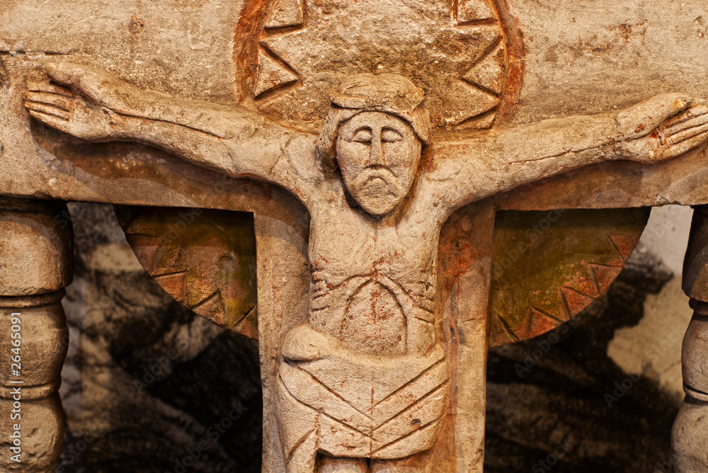 carved old statue from limestone of Jesus Christ crucifixion Stock ...