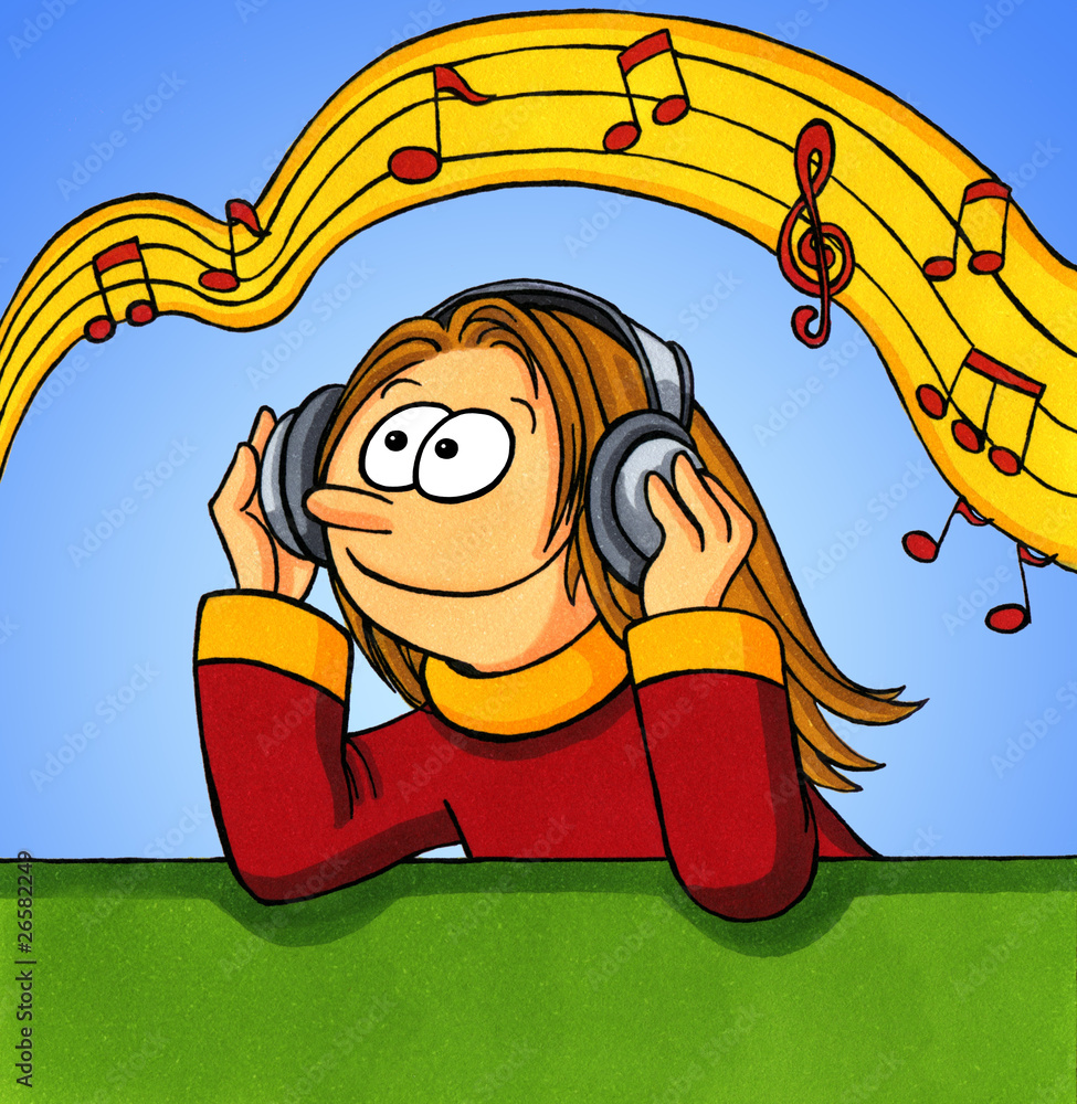 Cartoon Frau hört Musik Stock-Illustration | Adobe Stock