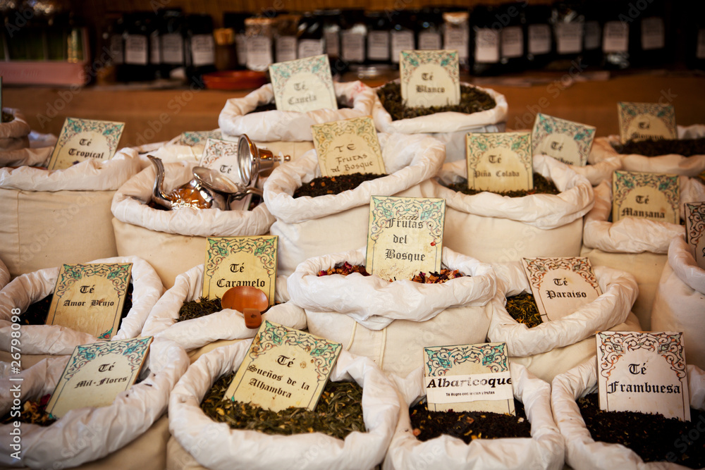 Vintage tea market with different tea varieties. Any trademark Stock ...