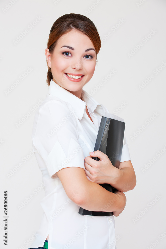 smiley secretary with folder Stock Photo | Adobe Stock