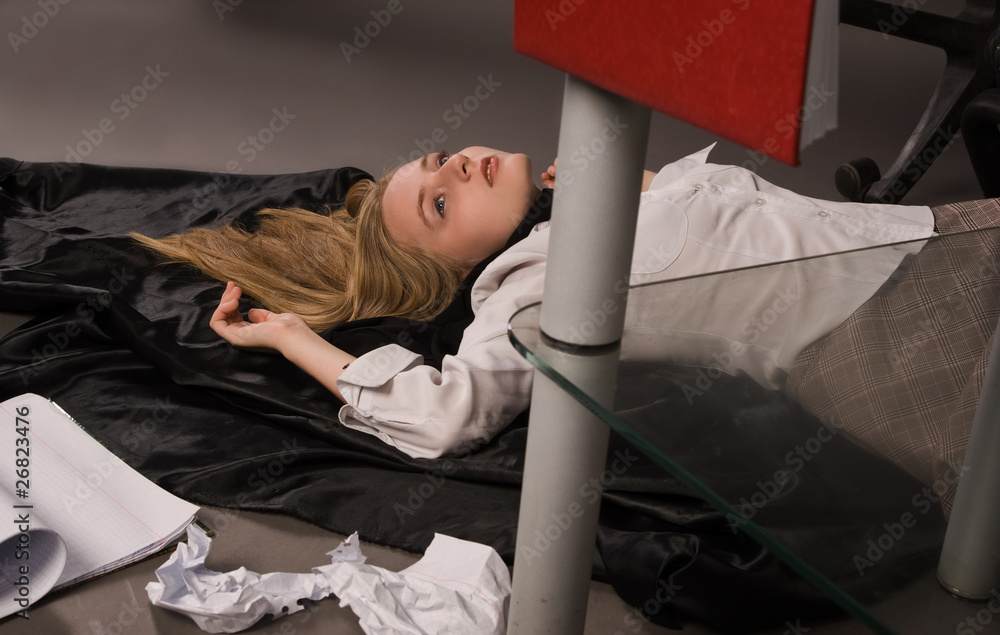 Strangled college girl on the floor Stock Photo | Adobe Stock
