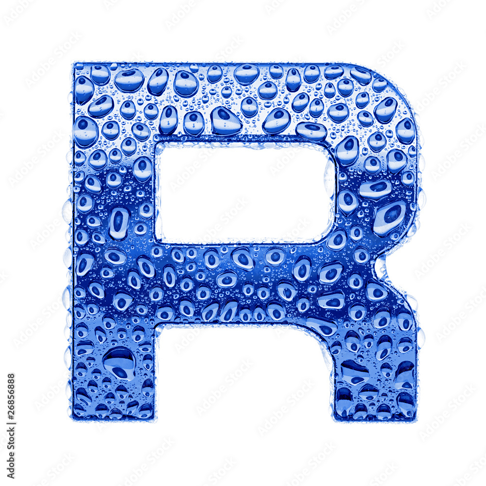 Blue ice alphabet symbol - letter R. Water drops on glossy metal Stock ...