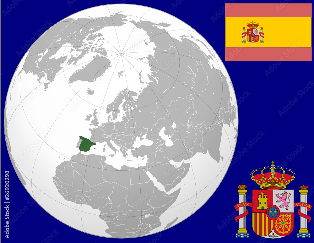 Spain globe map locator world flag coat Stock Vector | Adobe Stock