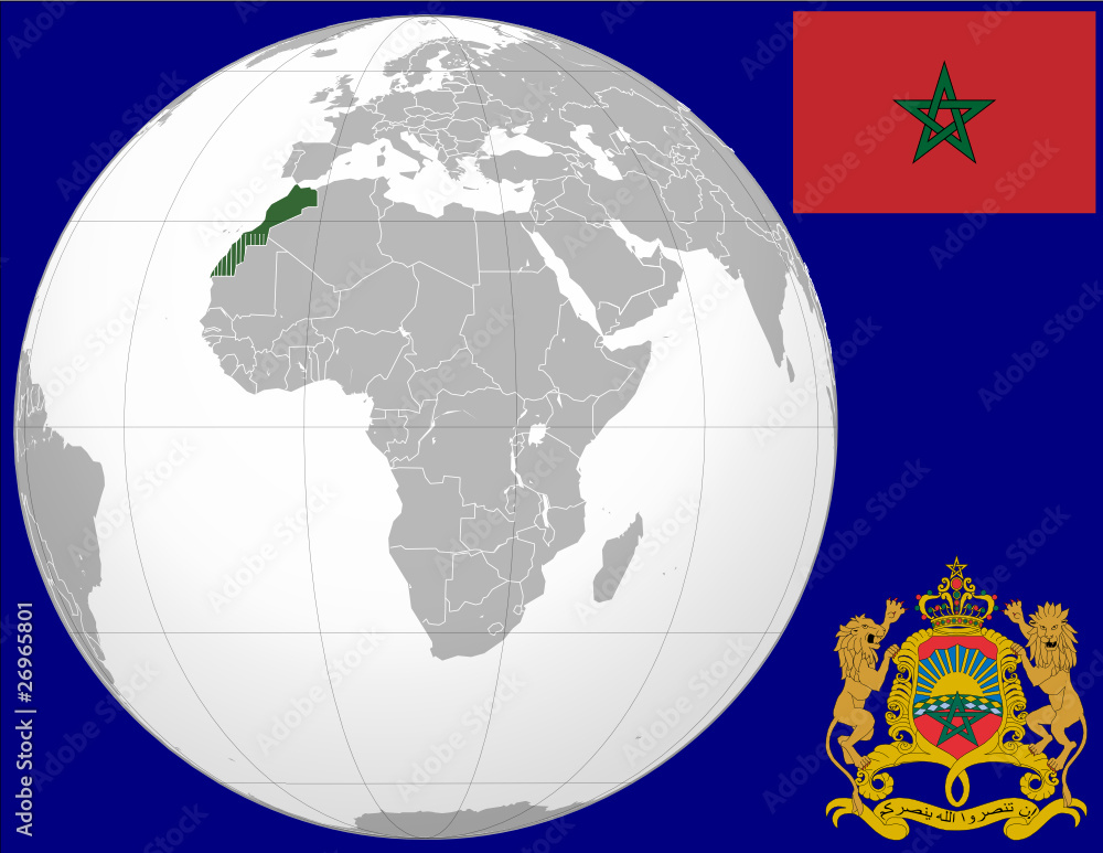 Morocco globe map locator world flag coat Stock Vector | Adobe Stock