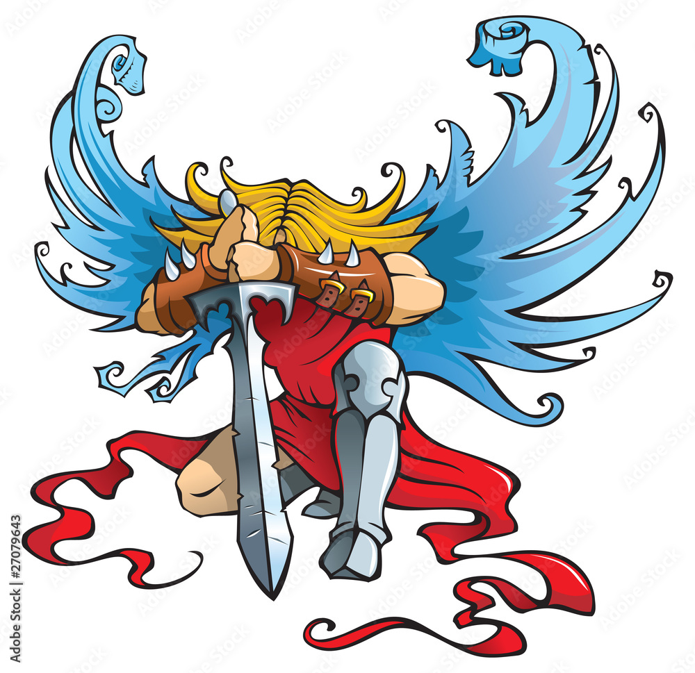 Angel with large sword, kneeling with open wings, vector Stock Vector ...