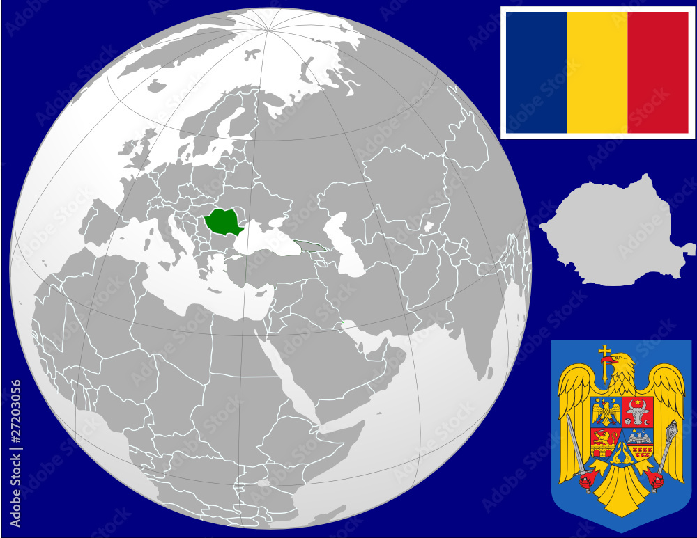 Romania globe map locator world flag coat Stock Vector | Adobe Stock
