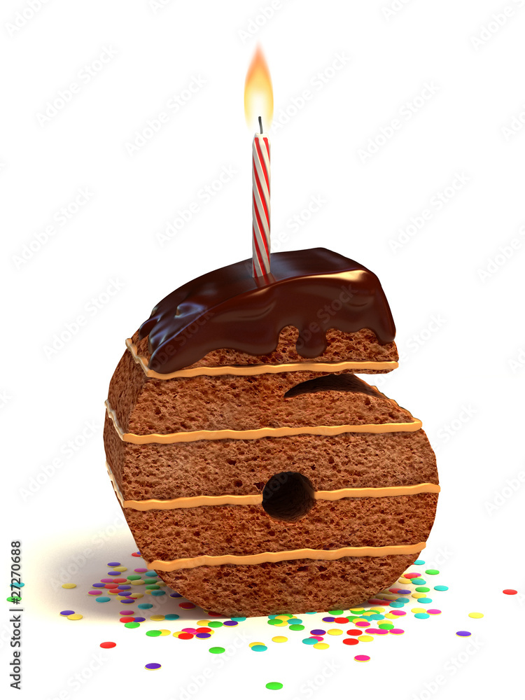 number six shaped birthday cake with lit candle and confetti Stock ...