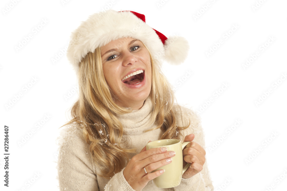 Young woman with Santa hat and coffee cup Stock Photo | Adobe Stock