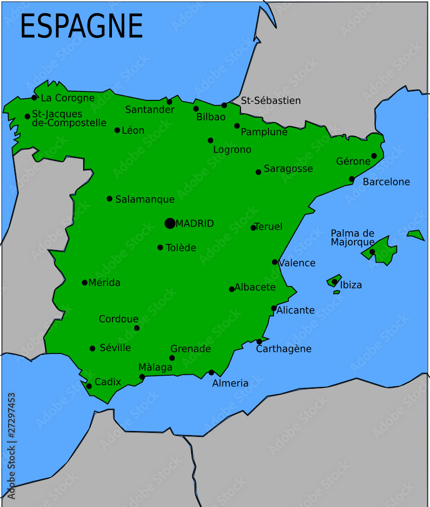 Carte des Villes Principales d'Espagne Stock-vektor | Adobe Stock