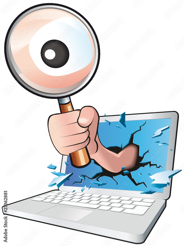 hand mit Lupe mit auge kommt aus Notebookbildschirm Stock Vector ...