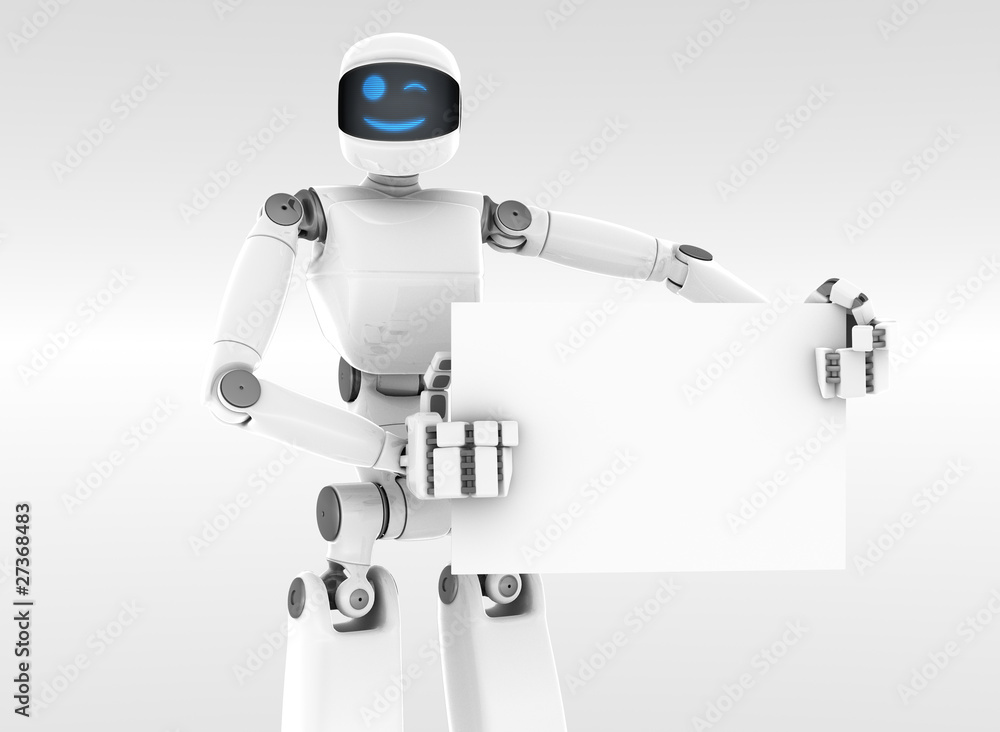 Smiling robot holding and pointing a white sign board Stock ...