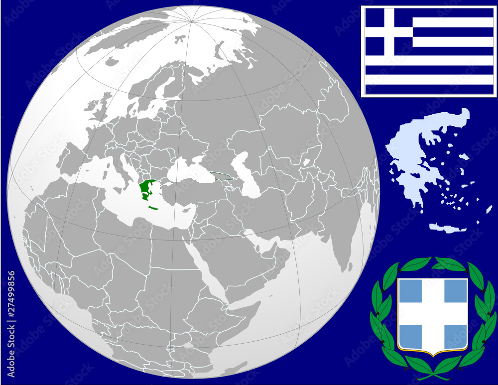 Greece globe map locator world flag coat Stock Vector | Adobe Stock