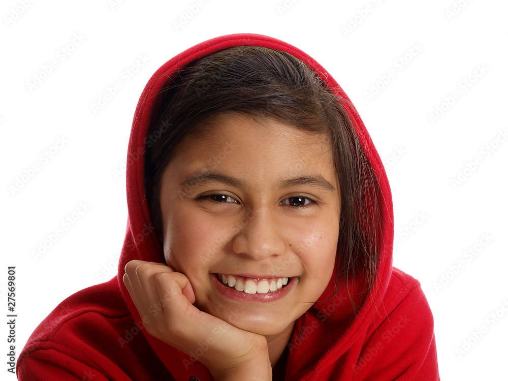 smiling girl with hand on chin Stock Photo | Adobe Stock