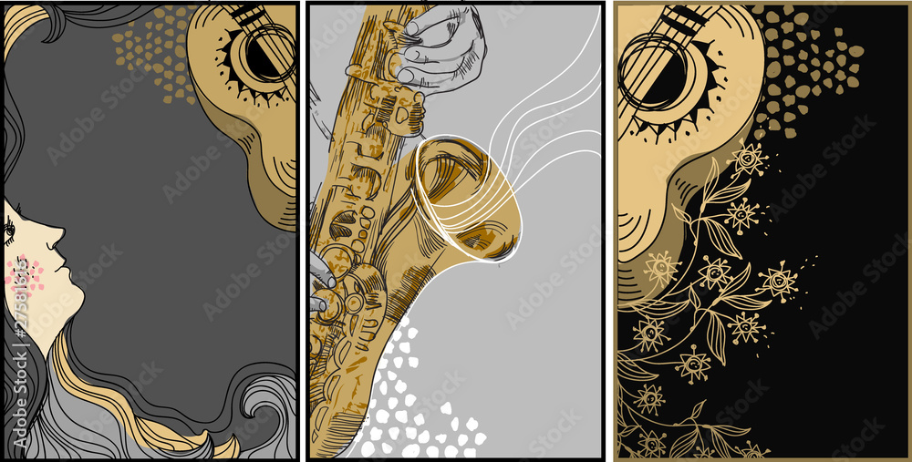 vector set of 3 hand drawn cards with musical Instruments Stock Vector ...