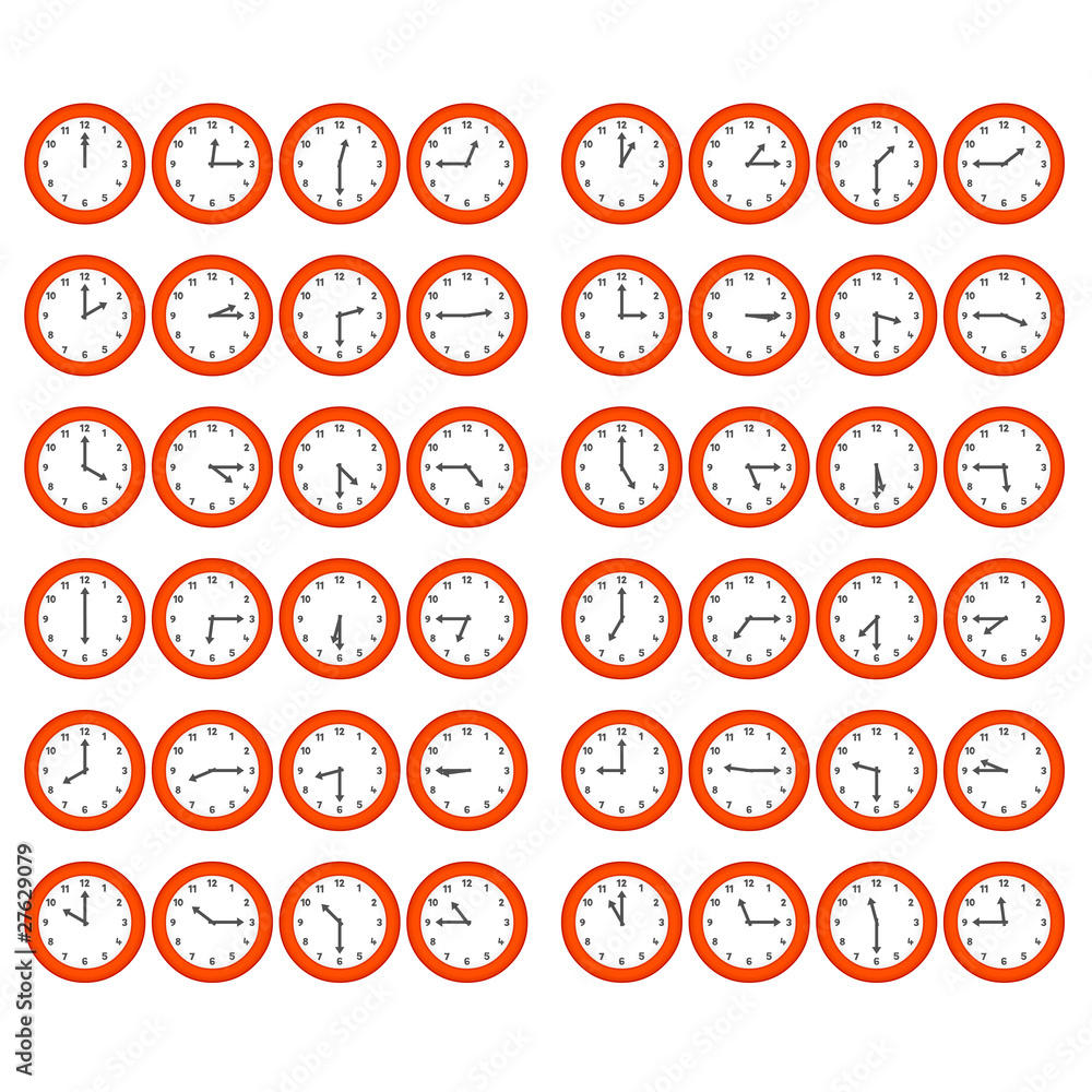 Red Cartoon Clocks Showing All 12 Hours at 15 Minute Intervals Stock ...