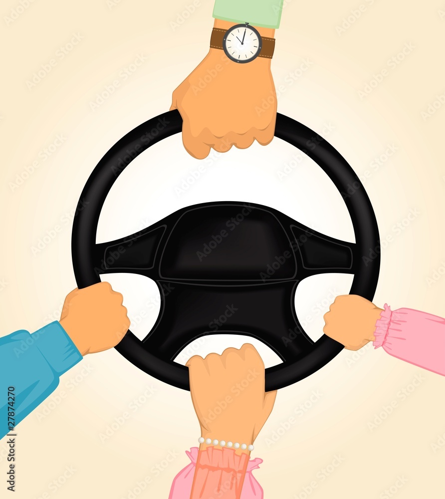cartoon hands of happy family hold the helm of automobile Stock ...