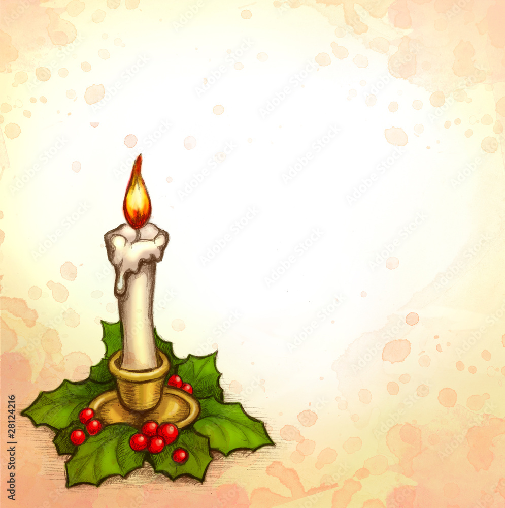 Greeting card with drawing of candle and holly berry Stock Illustration ...