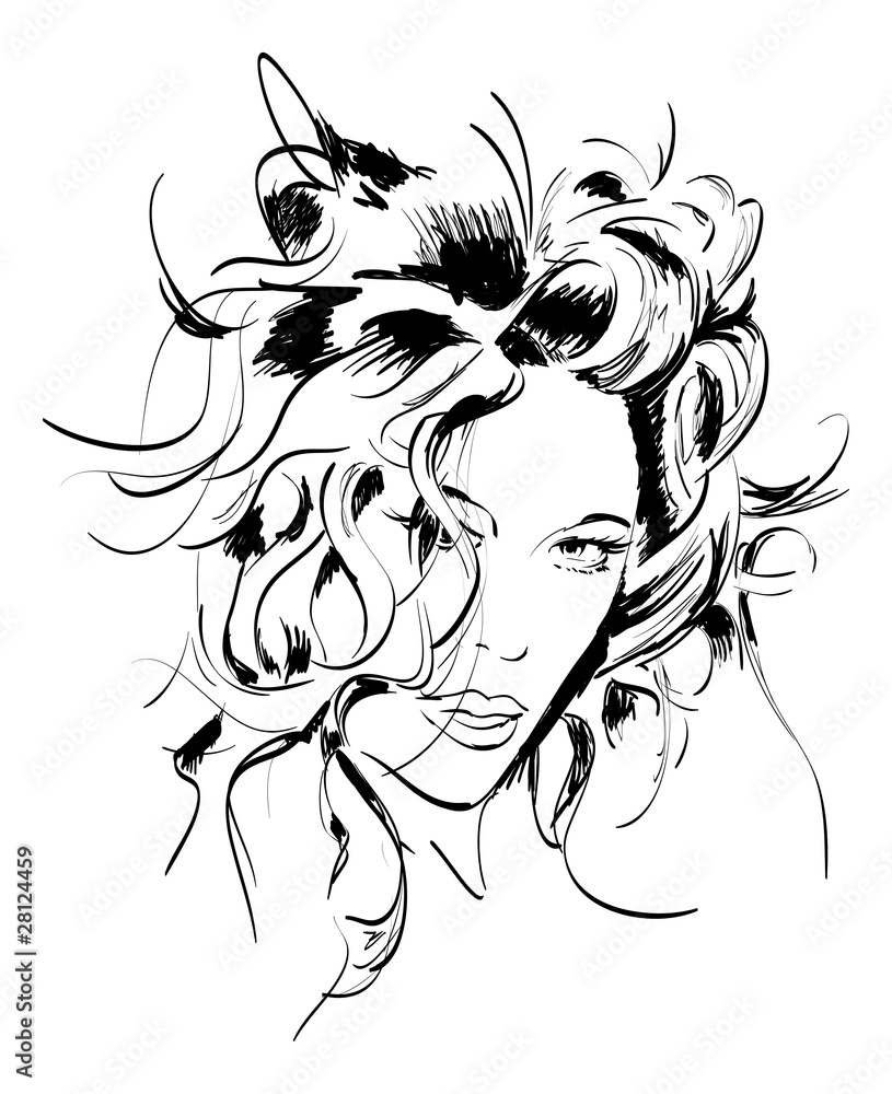 Hand Drawn Fashion Model Vector Illustration Womans Face Stock