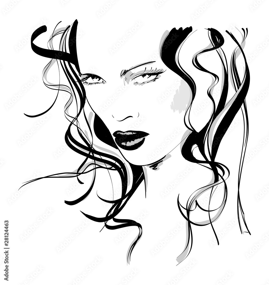 Hand Drawn Fashion Model Vector Illustration Womans Face Stock