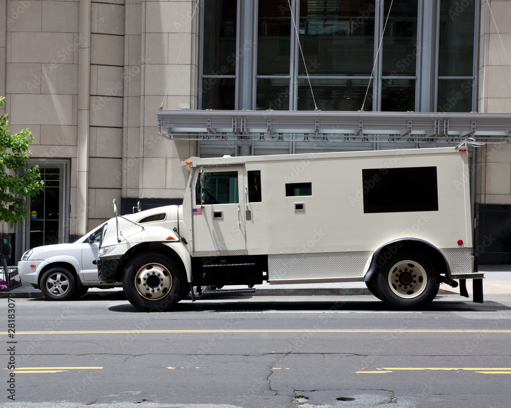 Side View Armoured Armored Car Parked on Street Outside Building Stock ...