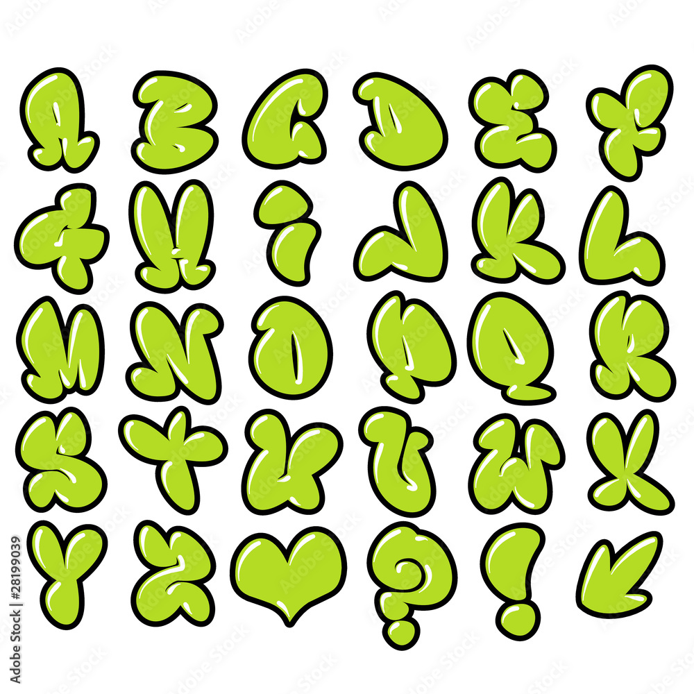 Illustrazione Stock funny green glossy bubble font graffiti alphabet ...