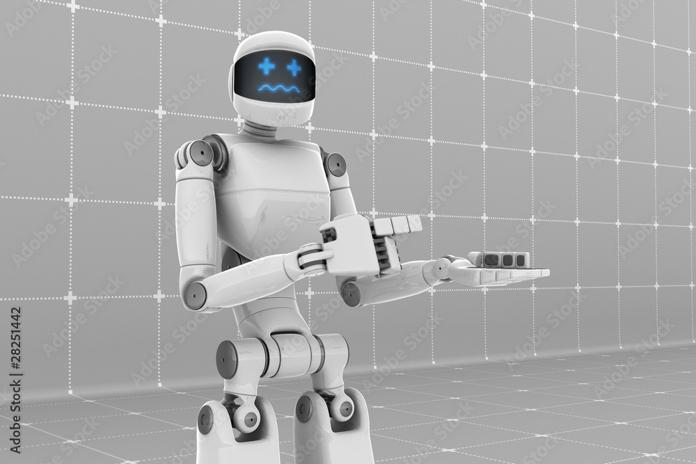 White robot holding and pointing something. Worried face Stock ...