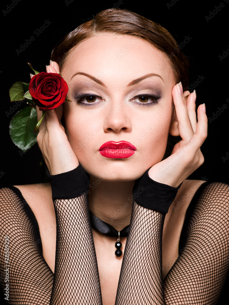 Poster fatal woman with cherry red lips and ruby rose – Wall Art ...