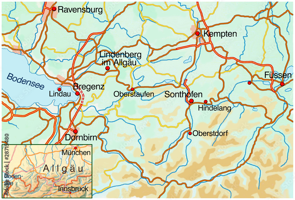 Landkarte vom Allgaeu-Ausschnitt Stock-Illustration | Adobe Stock