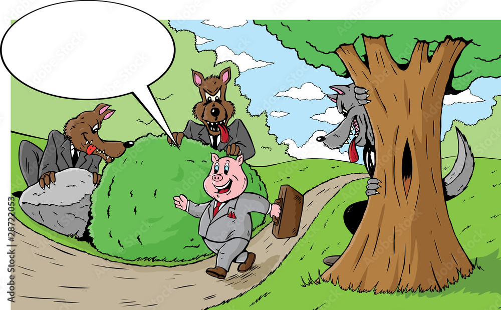 Cartoon pig going to the market with wolves ready to eat him Stock ...