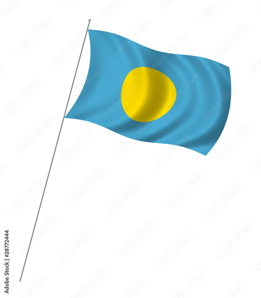 Flag of Palau with pole flag waving over white background Stock ...