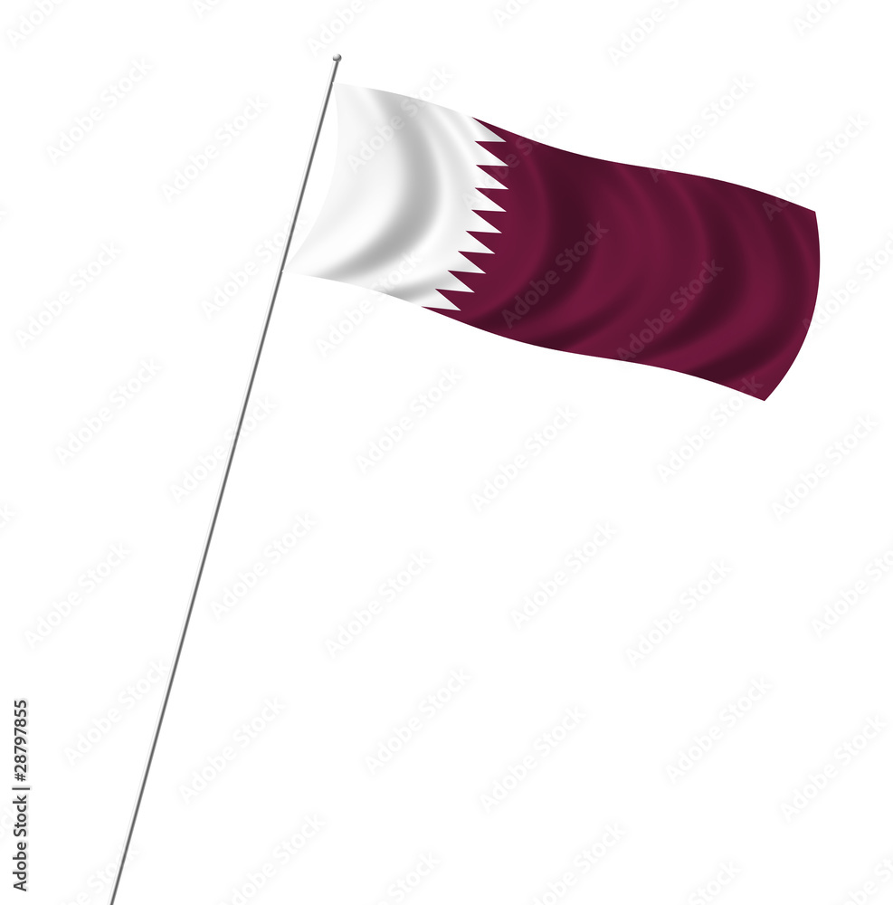 Flag of Qatar with pole flag waving over white background Stock ...