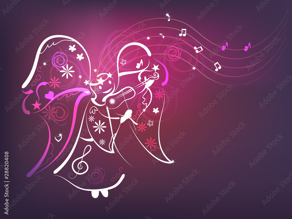 Violet background with angel playing violin. Stock Vector | Adobe Stock