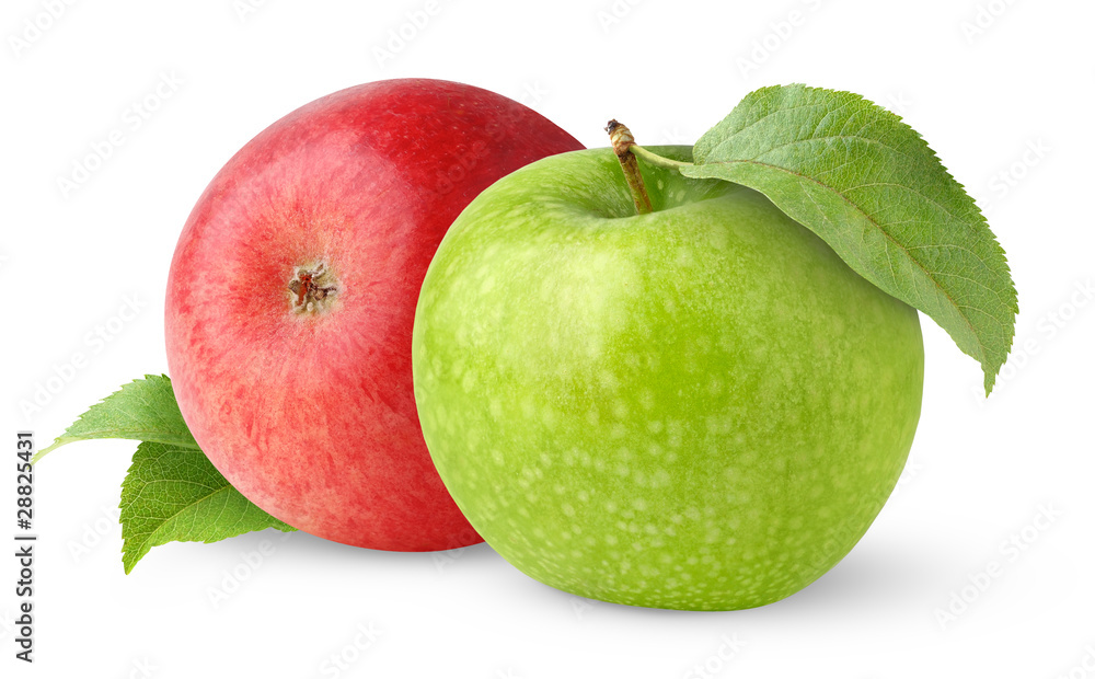 Isolated apples. One green and one red apple with leaves isolated on ...