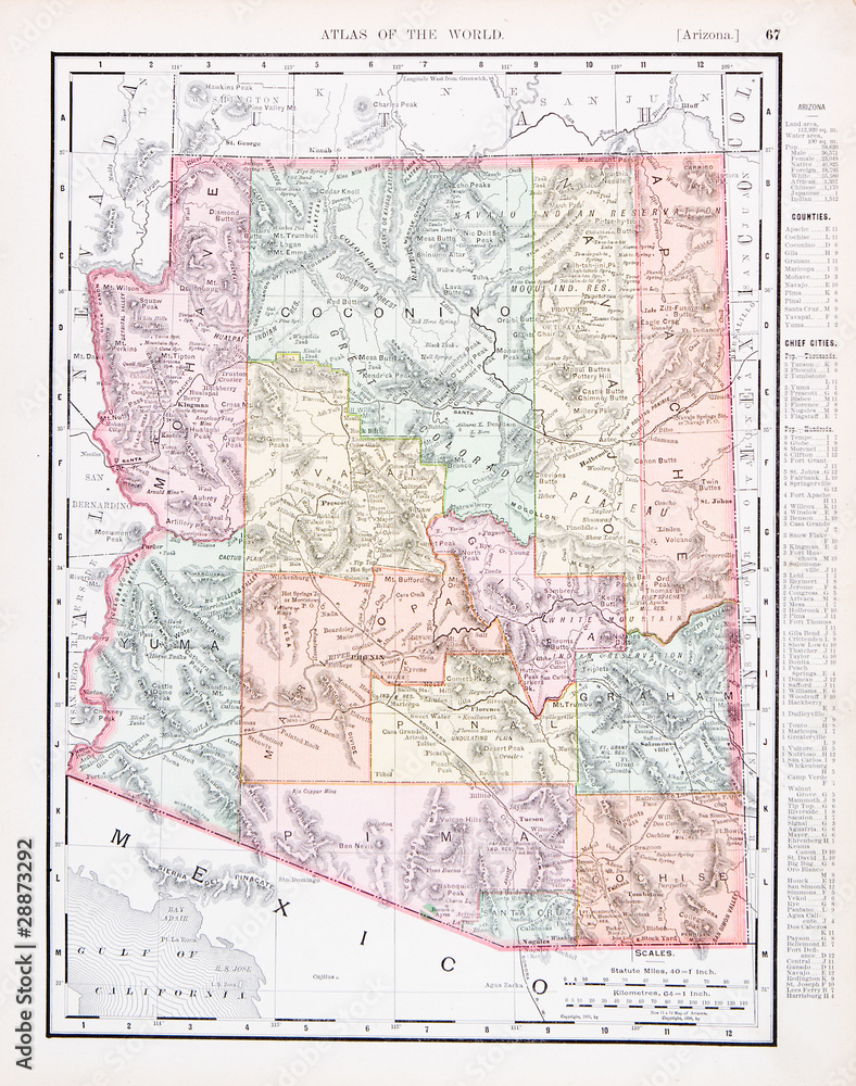 Antique Vintage Color Map of Arizona, AZ, United States, USA Stock ...