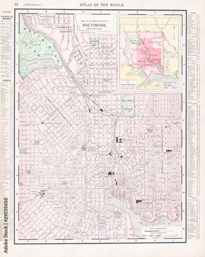 Detailed Antique Color Street City Map Baltimore, Maryland, USA Stock ...