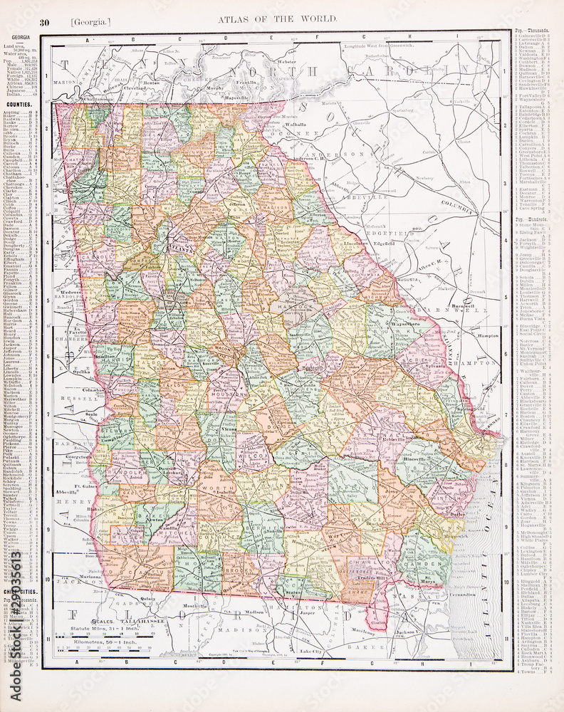 Antique Vintage Color Map of Georgia, GA, United States, USA Stock ...