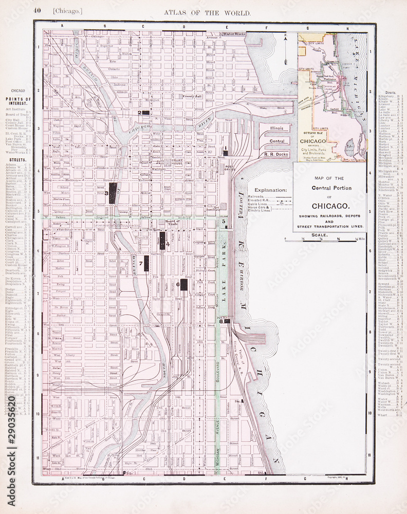 Detailed Vintage Color Street City Map Chicago Illinois IL USA Stock ...