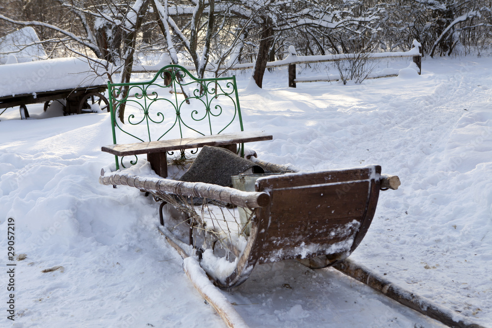 old wooden sled in russian village Stock Photo | Adobe Stock