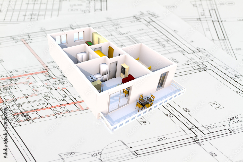 Apartment architecture plans with 3D building structure Stock Photo ...
