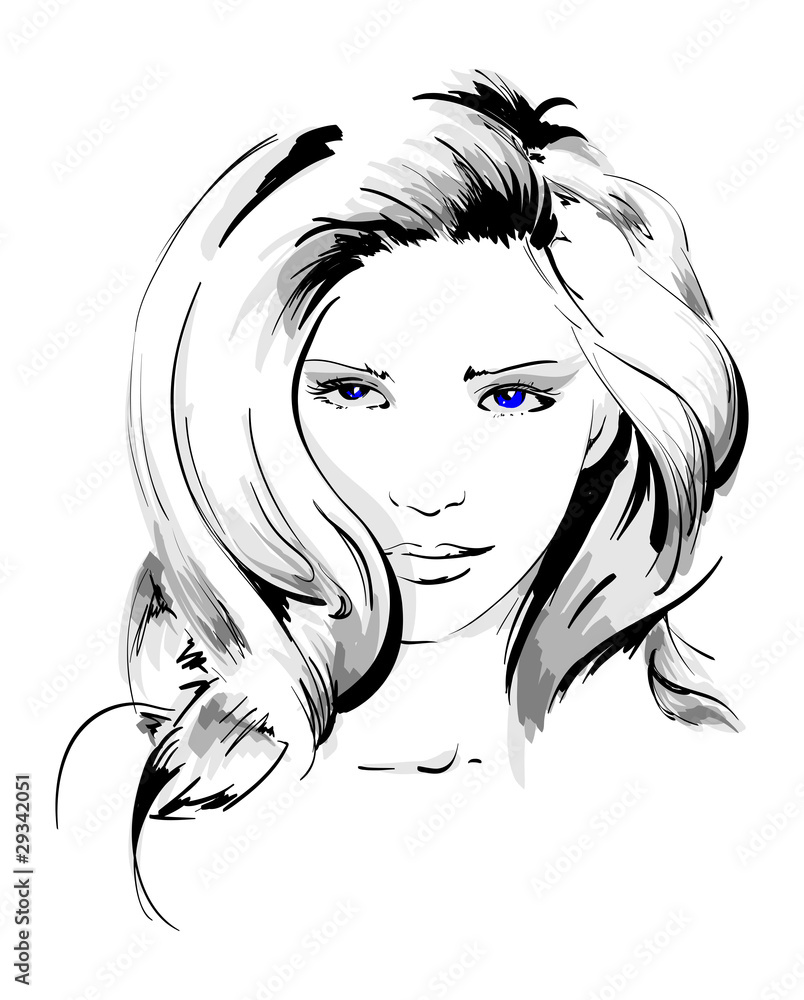 Hand Drawn Fashion Model Vector Illustration Womans Face Stock