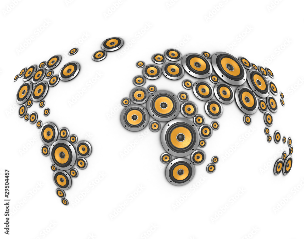planet of sound - many loudspeakers forming world map Stock ...