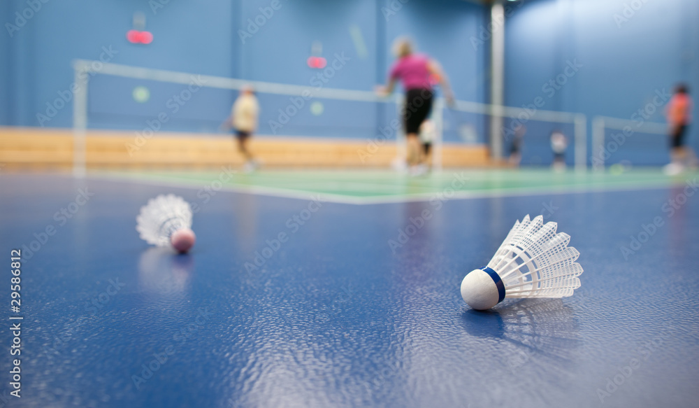 badminton - badminton courts with players competing; shuttlecock Stock ...